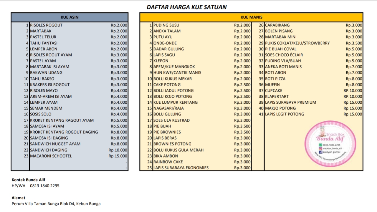 Daftar Harga / Price List (2020) – Snack Box Bunda Alif